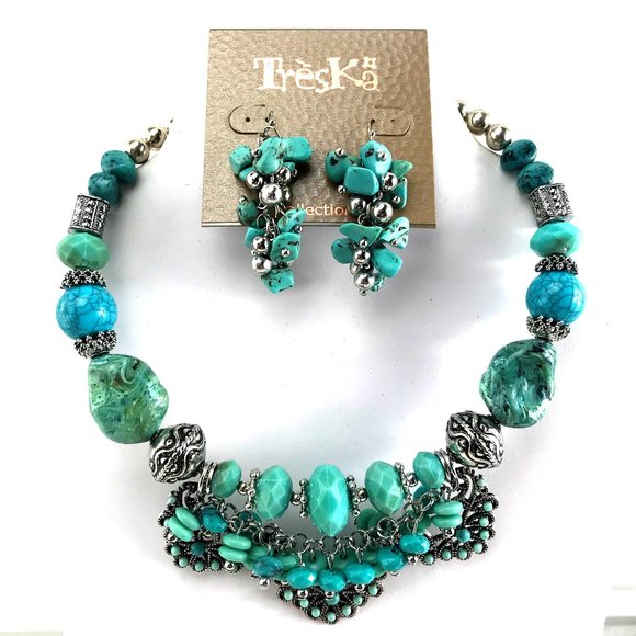 Treska | Jewelry | Treska Coil Beaded Necklace Wire Back Earrings Set ...